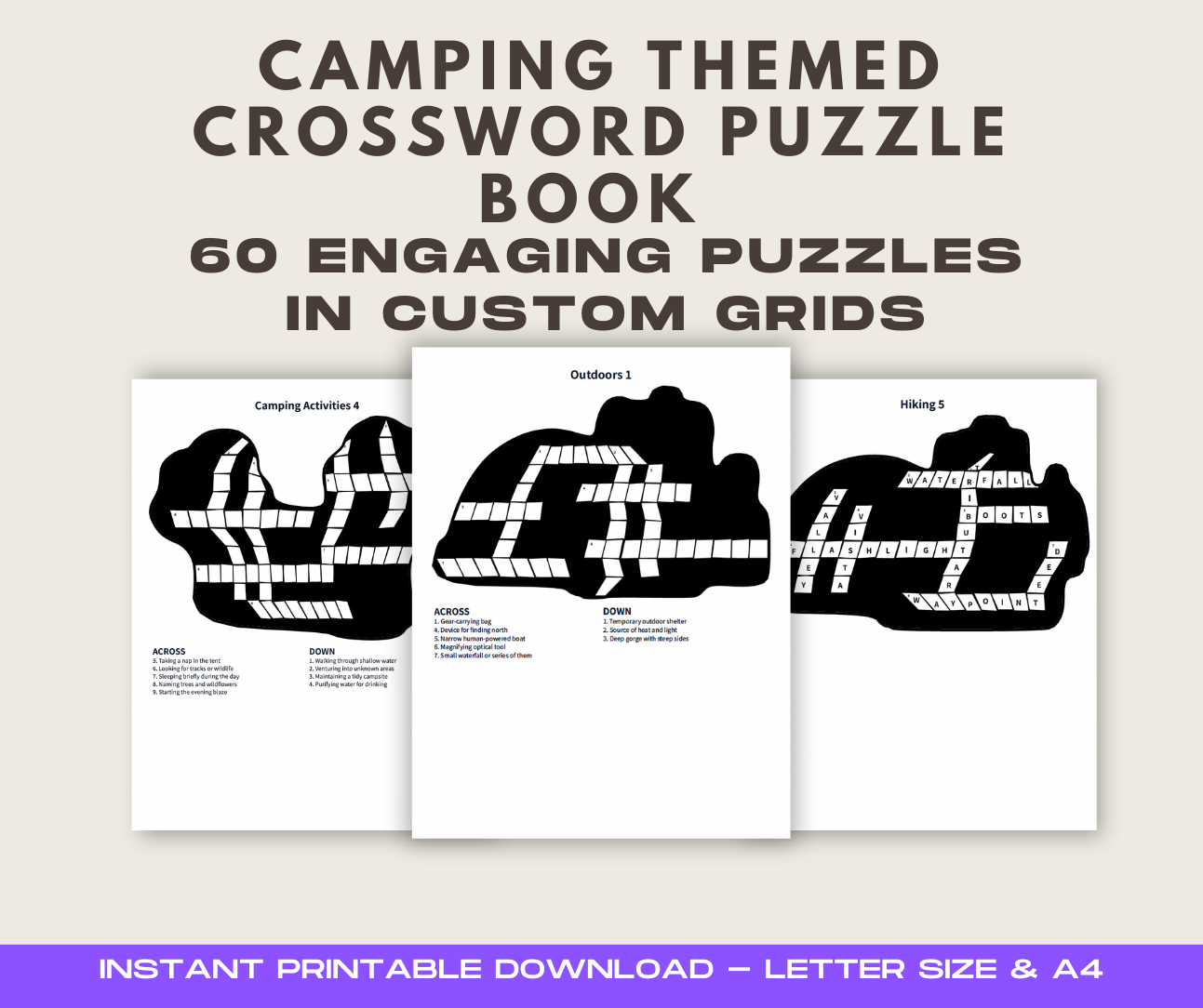 Camping Themed Crossword Puzzle Book Printable | 60 Drawn Crosswords w ...