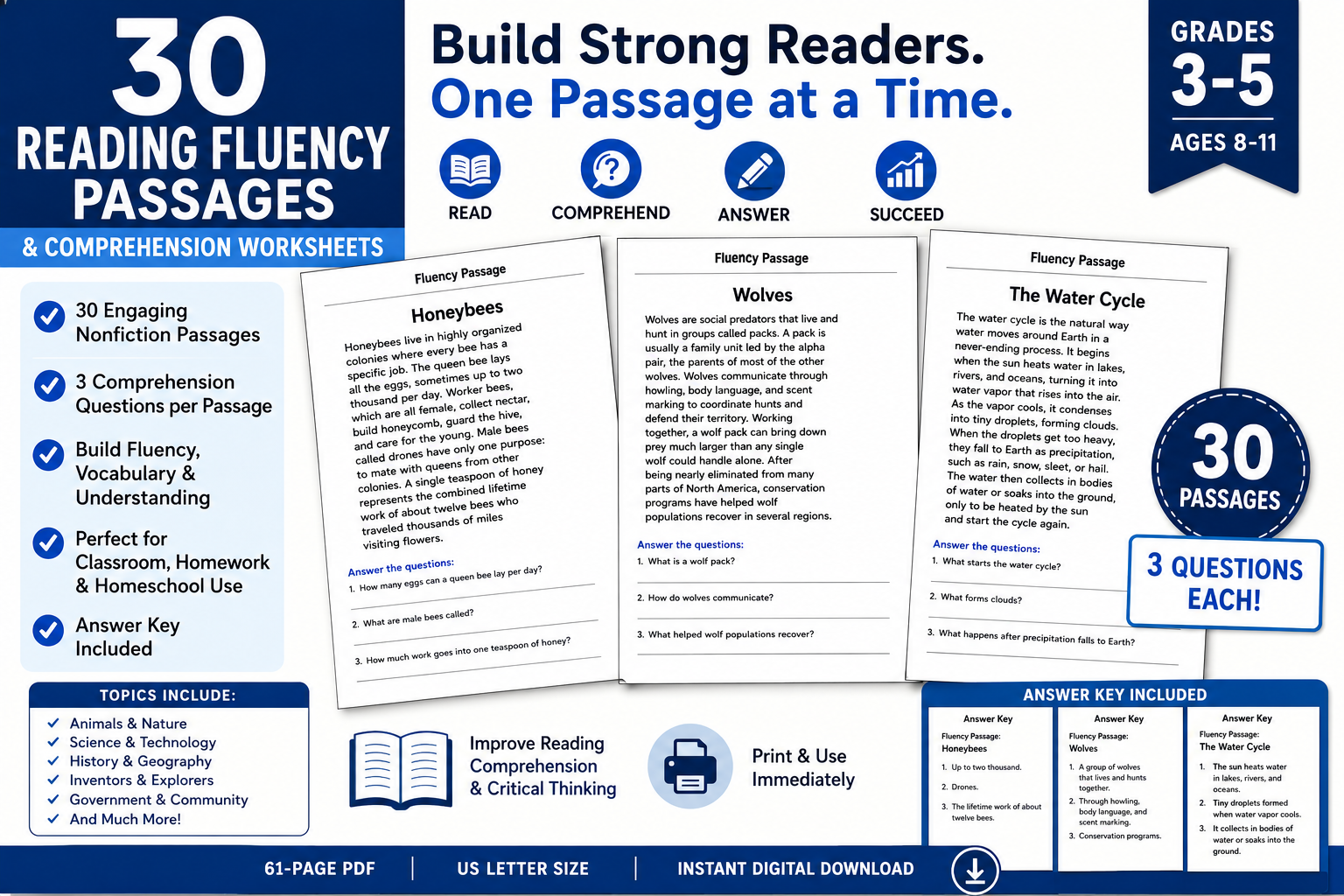 Reading Fluency Passages & Comprehension Worksheets, Grades 3-5, Homes ...